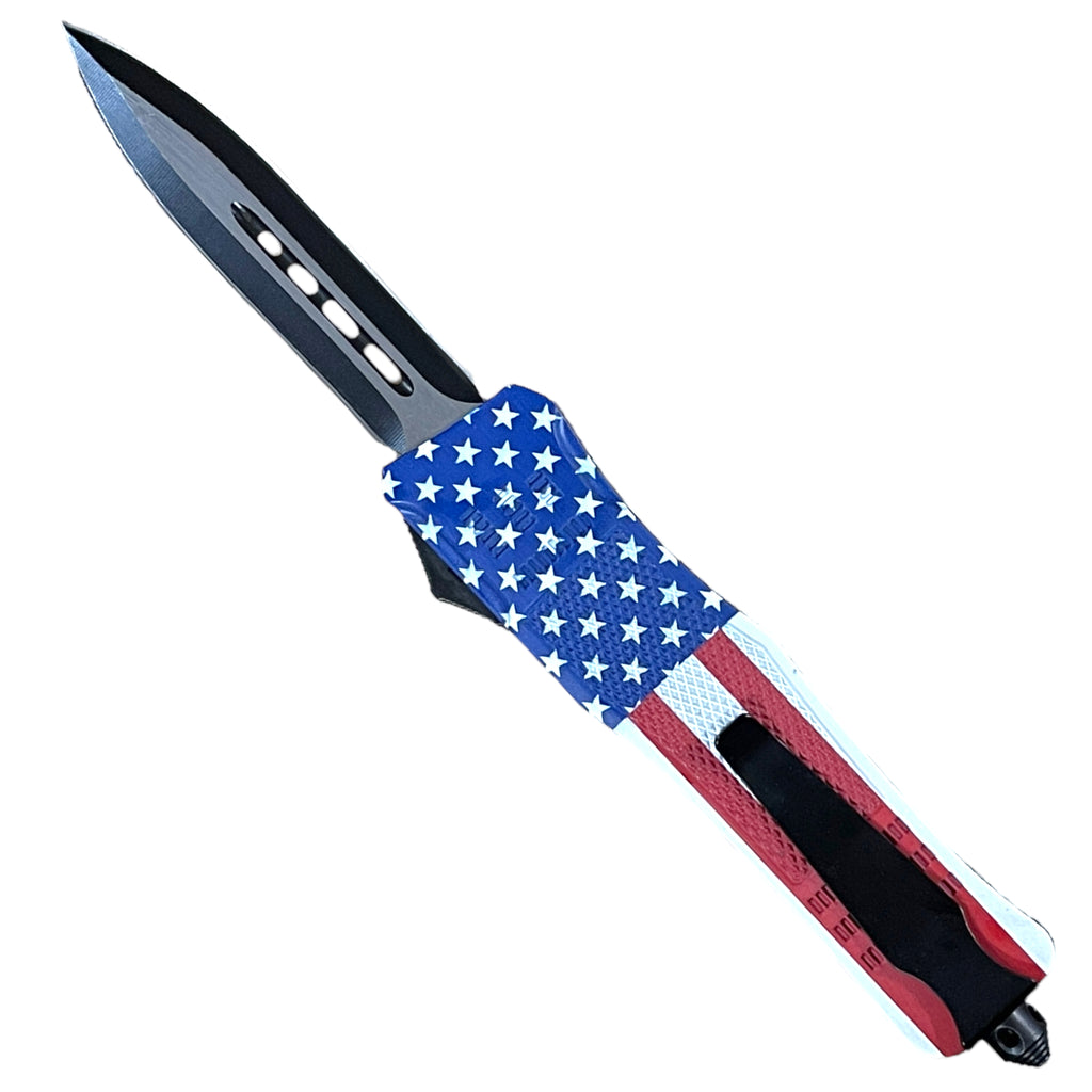 9" Automatic OTF Out The Front Double-Sided Blade American Flag
