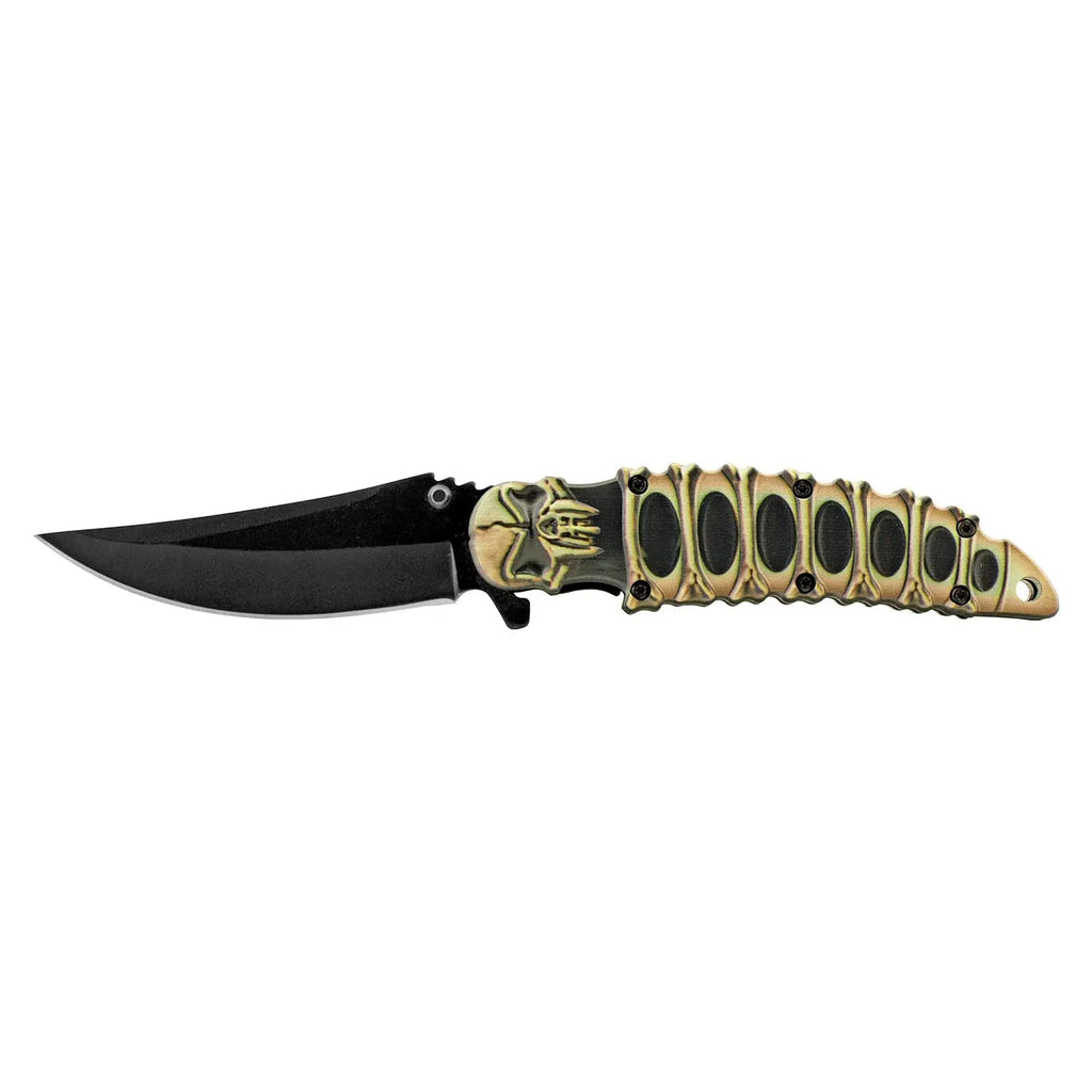 4.75" Embossed Skeleton Skull Trailing Point Folding Pocket Knife - Black